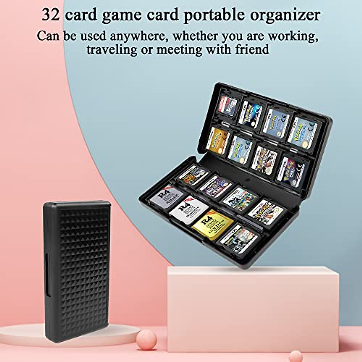 QIANRENON 32 in 1 Game Card Storage Case Memory Card Holder Case, Holds (30 DSI/DSXL/3DS Card + 2 SD Card + 2 FT Phone Card + 2 DSI/DSXL/3DS styluse), for NDS Card, 3DS Card, Black