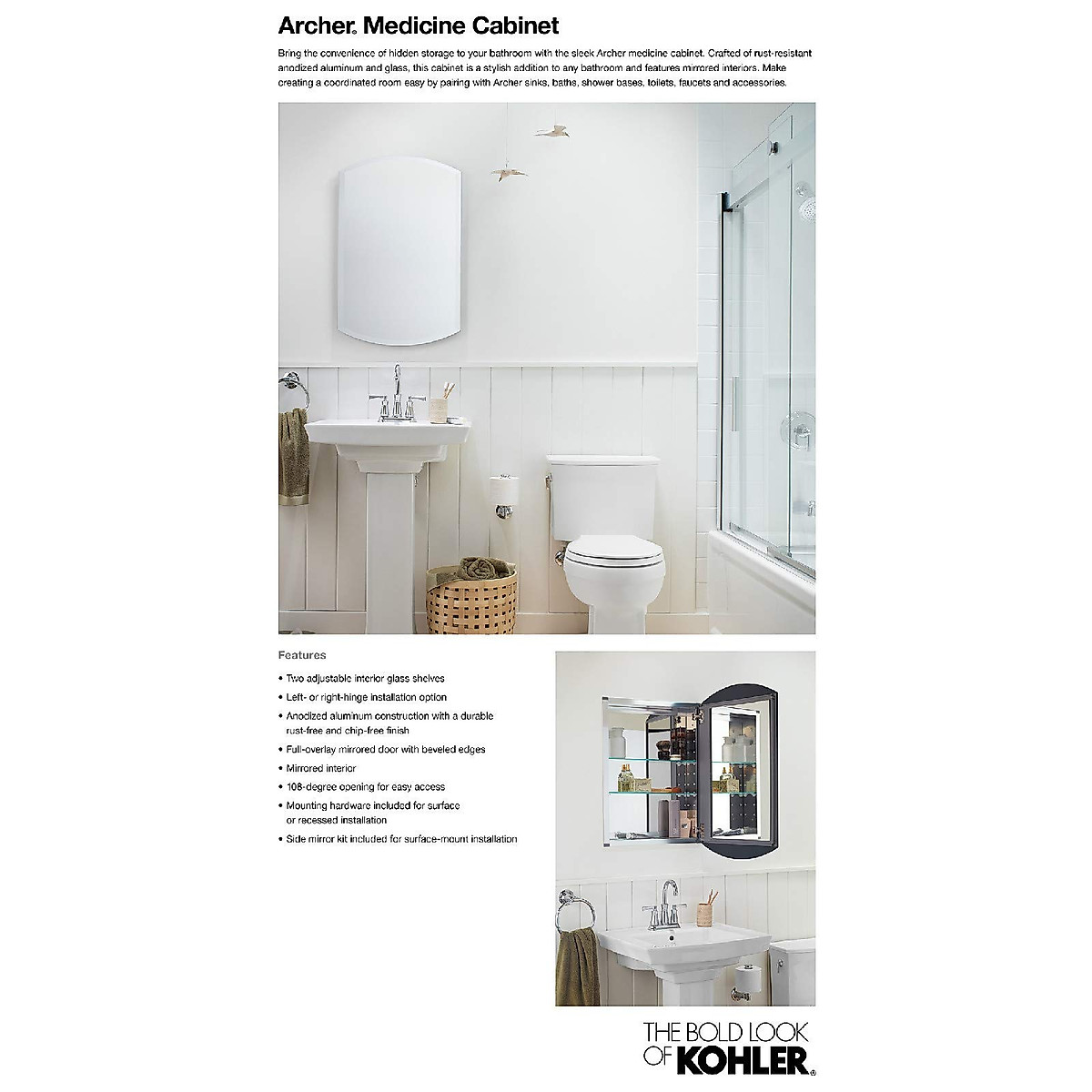 Archer® 20" W x 31" H Aluminum Single-Door Medicine cabinet, Beveled edges