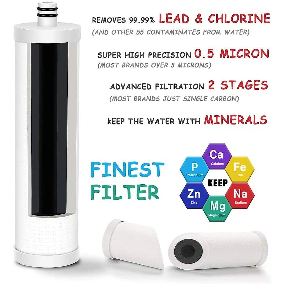 RUN.SE Countertop Filtration System, 304 Food-Grade Stainless Steel,8000 Gallons Alkaline Water Filter, Reduces 99% of Chlorine, Heavy Metals, Bad Taste (1 Filter Included)