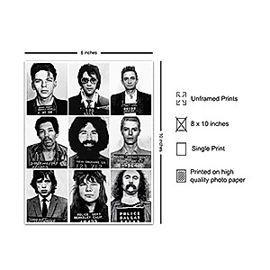 Musician Mugshot Bowie, Elvis, Johnny Cash, Jerry Garcia, Jimi Hendrix, Mick Jagger, Frank Sinatra, David Crosby, Janice Joplin Photo Wall Art - 8x10 Poster Print - Gift For Music Fans - Home Decor