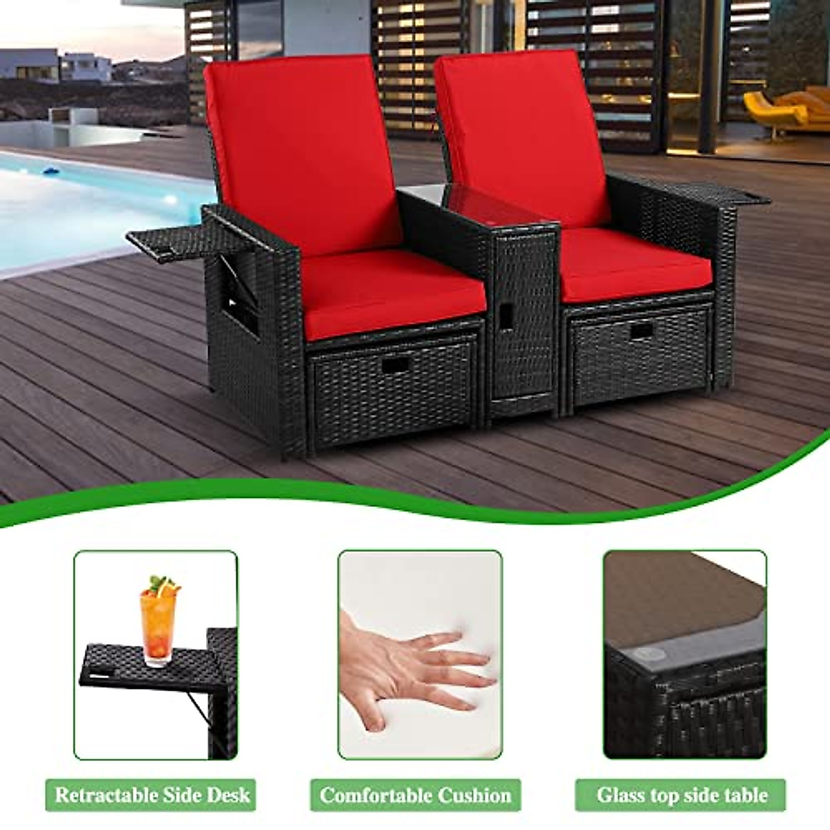 B BAIJIAWEI 5pcs Patio Wicker Loveseat - Outdoor Rattan Sofa Set with Cushion - Adjustable Lounge Chair with Ottoman Footrest, Wicker Furniture for Garden, Patio, Balcony, Beach, Coffee Bar, Deck