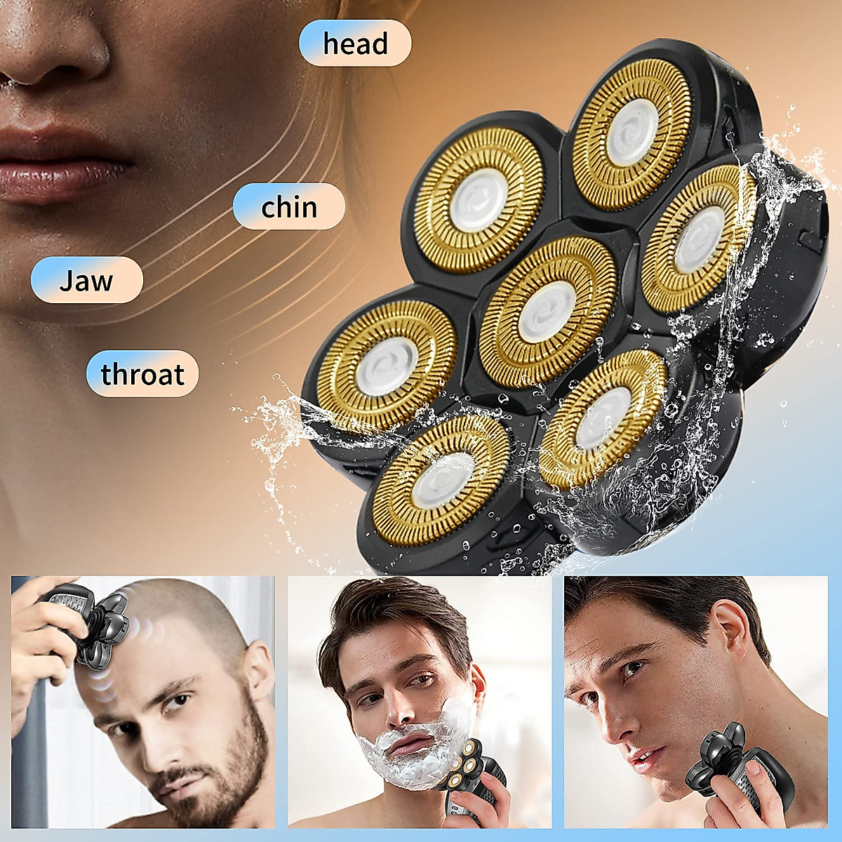 Roziapro Upgrade 7D Freedom Head Shaver Replacement Blades Electric Shaver Replacement Head Shavers for Bald Men Replaceable Head Waterproof Blades for Men 5 in 1 Bald Head Replacement Blades (Gold)