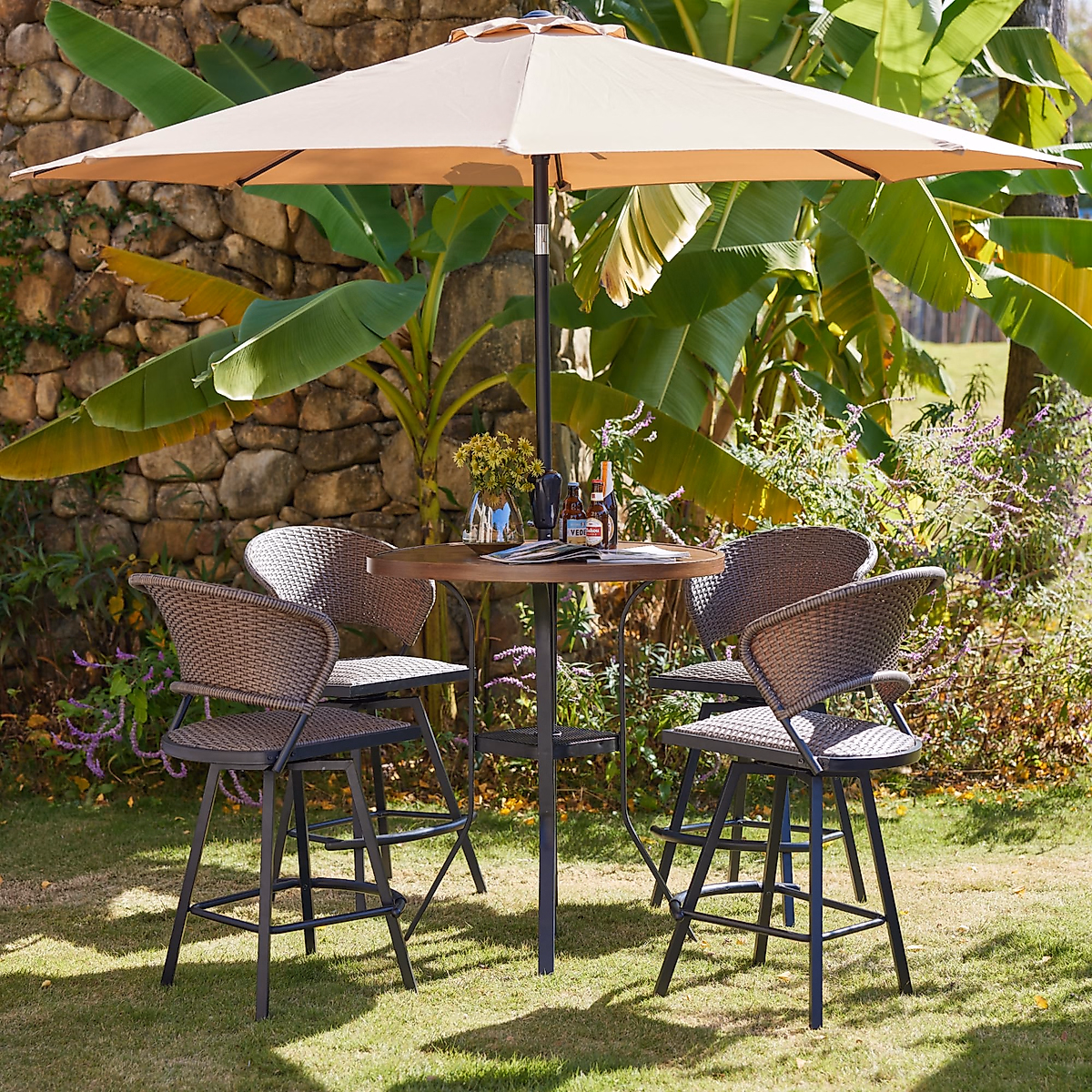 VICLLAX Outdoor 180-Degree Swivel Bar Stools Set of 2, Rattan Tall Patio Chair for Garden Pool Lawn Backyard, Brown