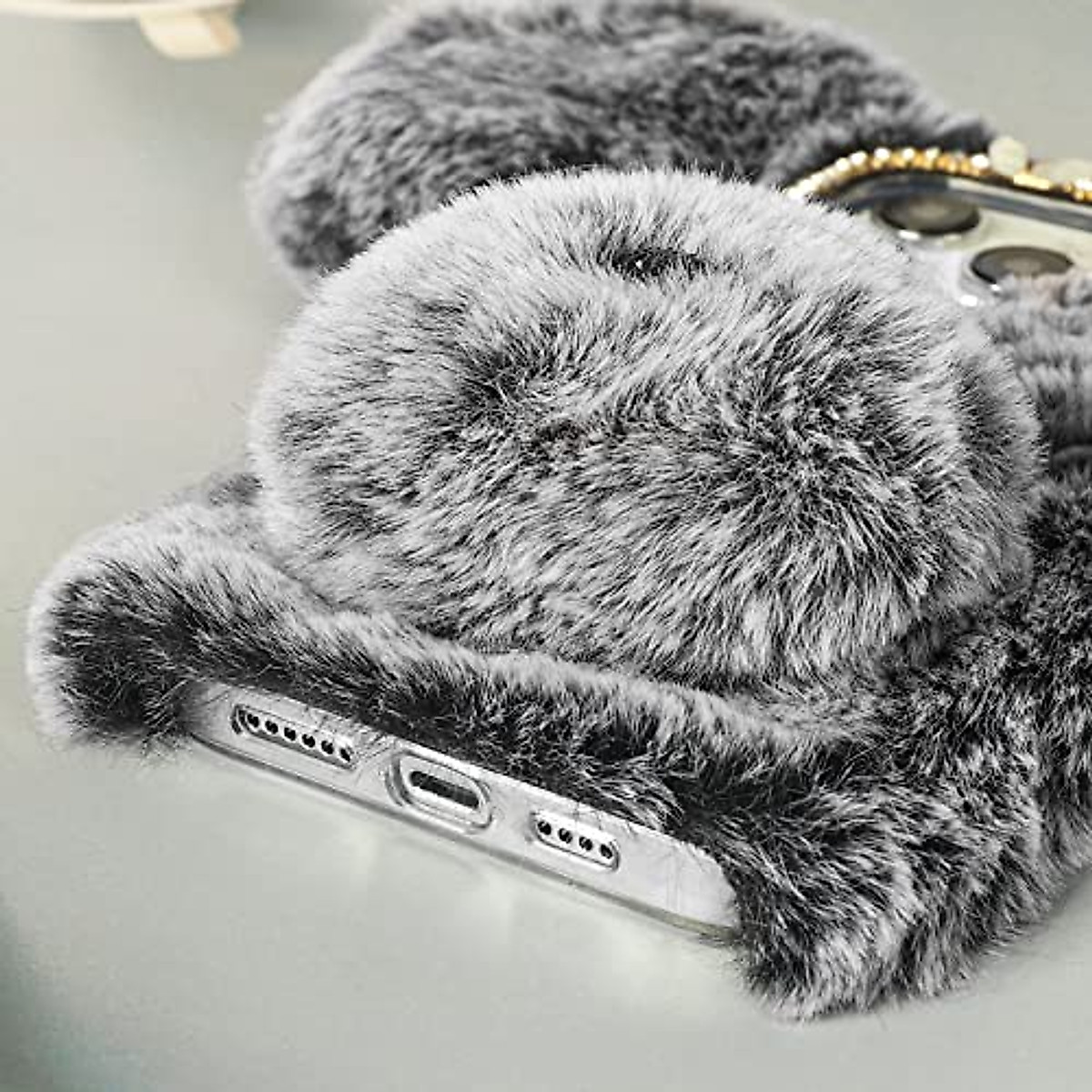 Losin for iPhone 14 Pro Case Cute Cartoon Dog Plush Fluffy Case Girls 3D Kawaii Design Soft TPU Shockproof Protective Cover Fuzzy Furry Winter Rabbit Hair Warm Fur Case for Women Girls Girly Gray