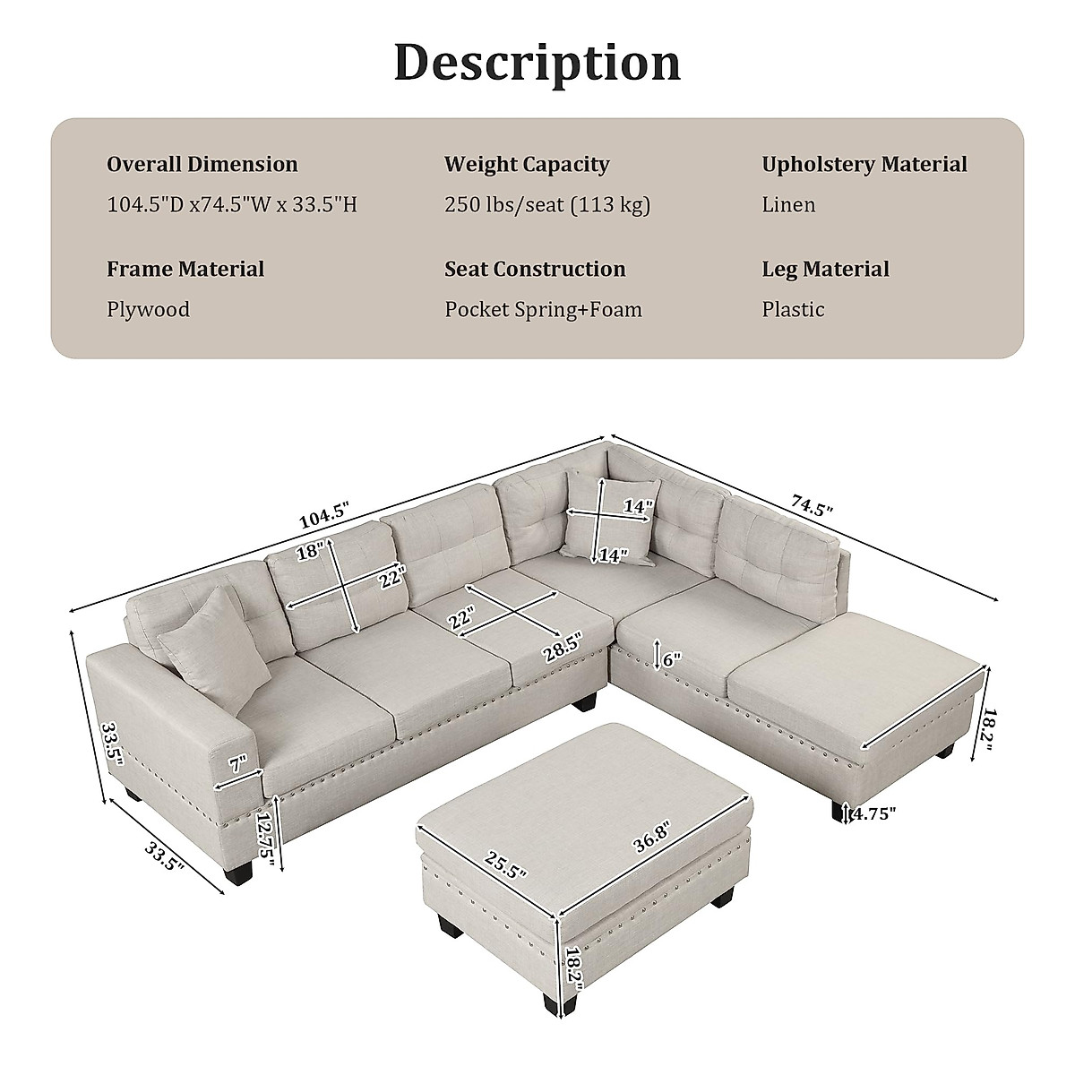 Yoglad Living Room Furniture Set, Sectional 5-Seater Sofa with Reversible Chaise, Corner Sofa Set with Ottoman, L Shaped Couch for Apartment, Living Room (104.5 Inch Linen, Light Gray)