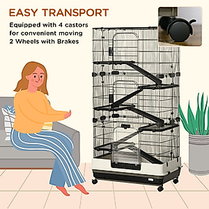 PawHut 59.5" Small Animal Cage with Wheels, 6-Level Portable Bunny Cage, Chinchilla Ferret Cage with Removable Tray, Platform and Ramp