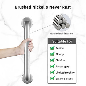 Supwish Shower Grab Bars Brushed Nickel 12" x 1 1/4", Stainless Steel Handicap Grab Bars for Bathroom Bathtub Toilet, Shower Handle Safety Bars Hand-Rail Support for Elderly Seniors Pregnant Children