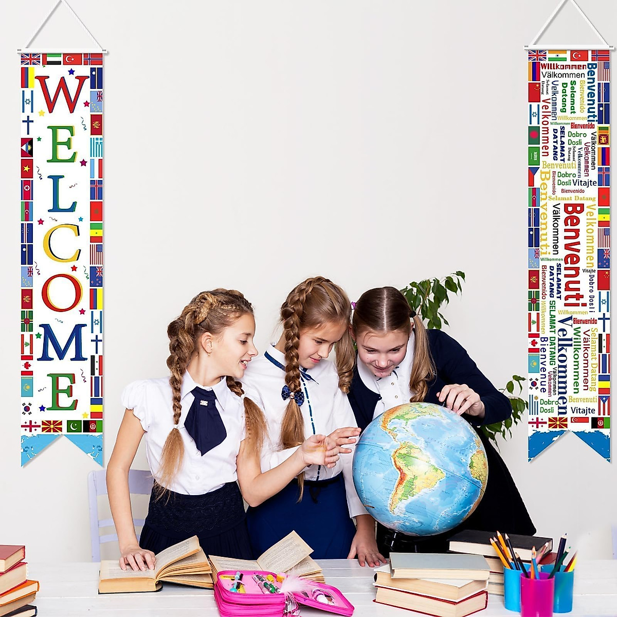 2 PCS Multicultural Decorations Banner International Welcome Flags Decorations 12x60 Inch Around The World Decorations Banners Sports Events Club Birthday School Classroom Party Supplies Decor