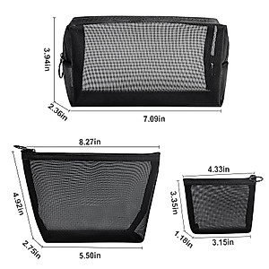 Aosbos 3 Pieces Mesh Makeup Bag Mesh Cosmetic Bag Purse Pouch Zipper Mesh Travel Bag Travel Purse Organizer Portable Pouch Bag Mesh Toiletry Bag for Home Office Travel Accessories, Black