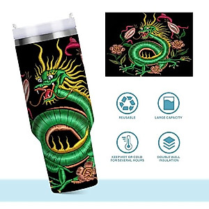RPLIFE Cool Green Dragon Black 40oz Tumbler with Handle, Stainless Water Bottle, Insulated Tumblers with Handles