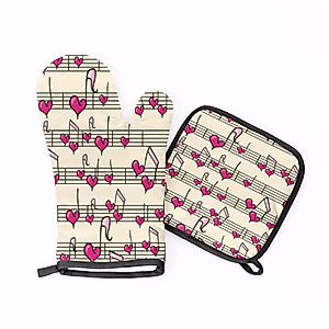 Oven Mitts and Pot Holders Set, Music Note Staff Love Heart 2 PCS Heat Resistant Non-Slip Oven Glove Hot Pads Washable Oven Mitts with Quilted Liner for Cooking Baking BBQ Grilling Barbecue