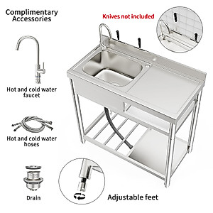 ROOMTEC 304 Stainless Steel Single Bowl Utility Sink Set, Commercial Restaurant Kitchen Sink, Outdoor Sink with Workbench & Storage Shelve with Hot and Cold Water Pipes (39 in (Left bowl))