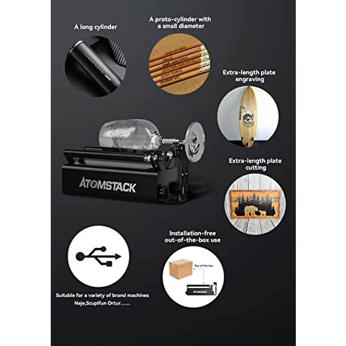ATOMSTACK R3 Pro Engraver Rotary Roller, Engraver Y-axis Rotary Roller for 360° Engraving Cylindrical Objects with 4 Heightening Columns, 2 Support Shaft and 1 Support Frame