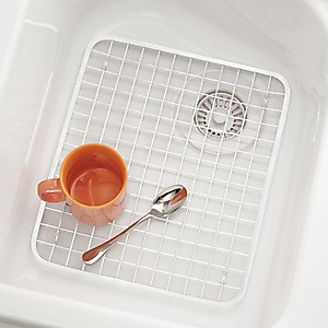 mDesign Modern Metal Wire Kitchen Sink Metal Dish Drying Rack/Mat - Steel Wire Grid Design - Allows Wine Glasses, Mugs, Bowls and Dishes to Drain in Sink - 2 Pack - White