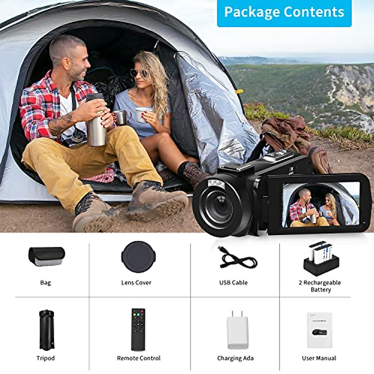 WIKICO Camcorder, 1080P Video Camera for YouTube with Infrared Night Vision, 18X Digital Zoom, 3.0“ 270° Rotation Touch Screen, Vlogging Camera for Beginners with Mini Tripod and 2 Batteries