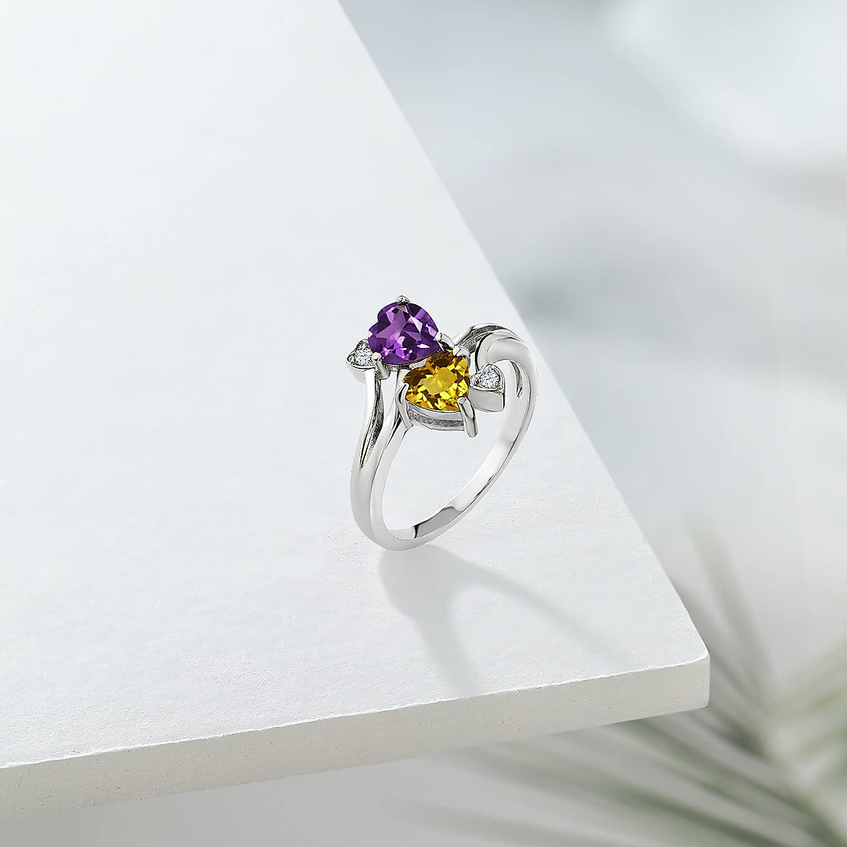 Gem Stone King 925 Sterling Silver Purple Amethyst Yellow Citrine Ring For Women (1.38 Cttw, Heart Shape 6MM, Gemstone February Birthstone, Available In Size 5, 6, 7, 8, 9)
