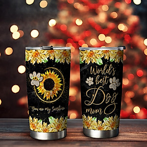 20oz Yellow Jewelry Crystal Sunflower Dog Mom Tumbler, World's Best Dog Mom, Gifts for Dogs Lovers, Coffee Thermos, Stainless Steel Double Wall Vacuum Insulated Coffee Mug, Travel Cup with Lid