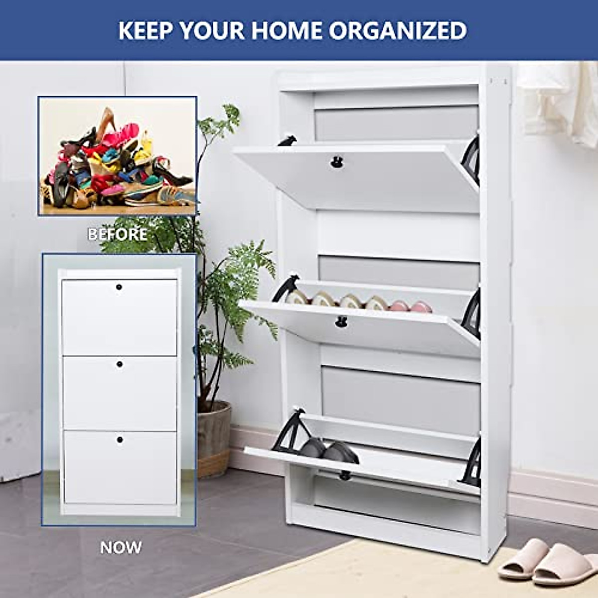 ZHFEISY 3 Tier Shoe Cabinet Shoe Storage Cabinet with 3 Large Fold-Out Drawers 19.69" x 6.69" x 43.31" White Shoe Rack for Entryway Hallway
