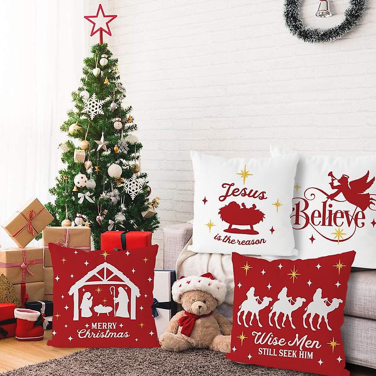 Christmas Pillow Covers 20x20 Inch Set of 4 Navitity Religious Throw Pillow Covers Red And White Christmas Xmas Winter Pillowcase Home Decor Living Room House Decorative Cushion Case for Sofa Couch