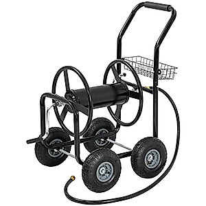 Garden Hose Reel Cart with Wheels for Outdoor Holds 300-Feet of 5/8-Inch Hose Yard Water Planting Truck w/Storage Basket, Heavy Duty Metal Garden Lawn Water Truck 4 Wheels, Black