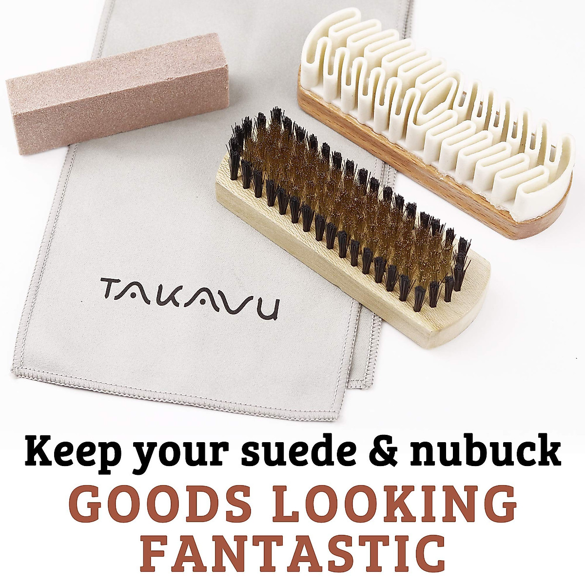 TAKAVU Premium Suede & Nubuck Cleaning Kit - Crepe Brush, Brass Bristle Brush, Microfiber Towel Cloth, Cleaning Block Eraser for Shoes, Boots
