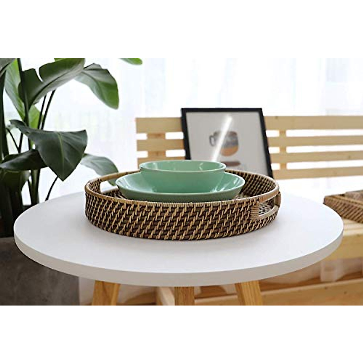 16.9 inch Rattan Tray, Round Wicker Tray with Cut-Out Handles, Woven Serving Tray for Dining/Coffee Table