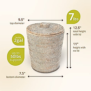 KOUBOO La Jolla Rattan Round Waste Basket With Lid & Plastic Insert, 2 Gallon Woven Wastebasket for Bathroom, Kitchen, Office, Living Room, & Home Decor, White Wash