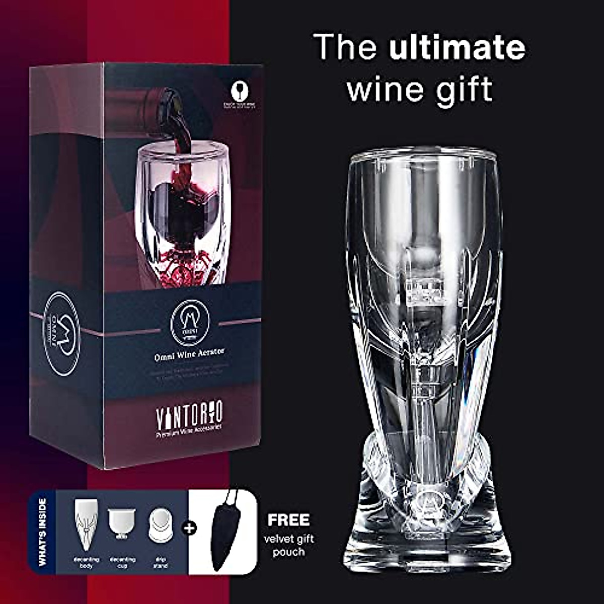 Vintorio Wine Aerator OMNI Set - Premium Decanter for Red Wine Lovers with Gift Box, Velvet Bag, and Mini Stand - Durable, Crystal Clear Acrylic