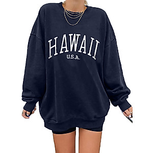 Dokotoo Womens Plus Size Hawaii USA Oversized Crewneck Long Tunic Sweatshirts for Women Long Sleeve Comfy Cozy Winter Fleece Pullover 2023 Fall Tops Casual Loose Fit Graphic Tees Shirts Blue XXL