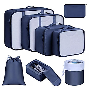 Packing cubes for essential travel - Set of 8 pcs of compression organizer for carry on suitcase, luggage mesh bags for accessories and clothing, laundry bag included (NAVY BLUE)