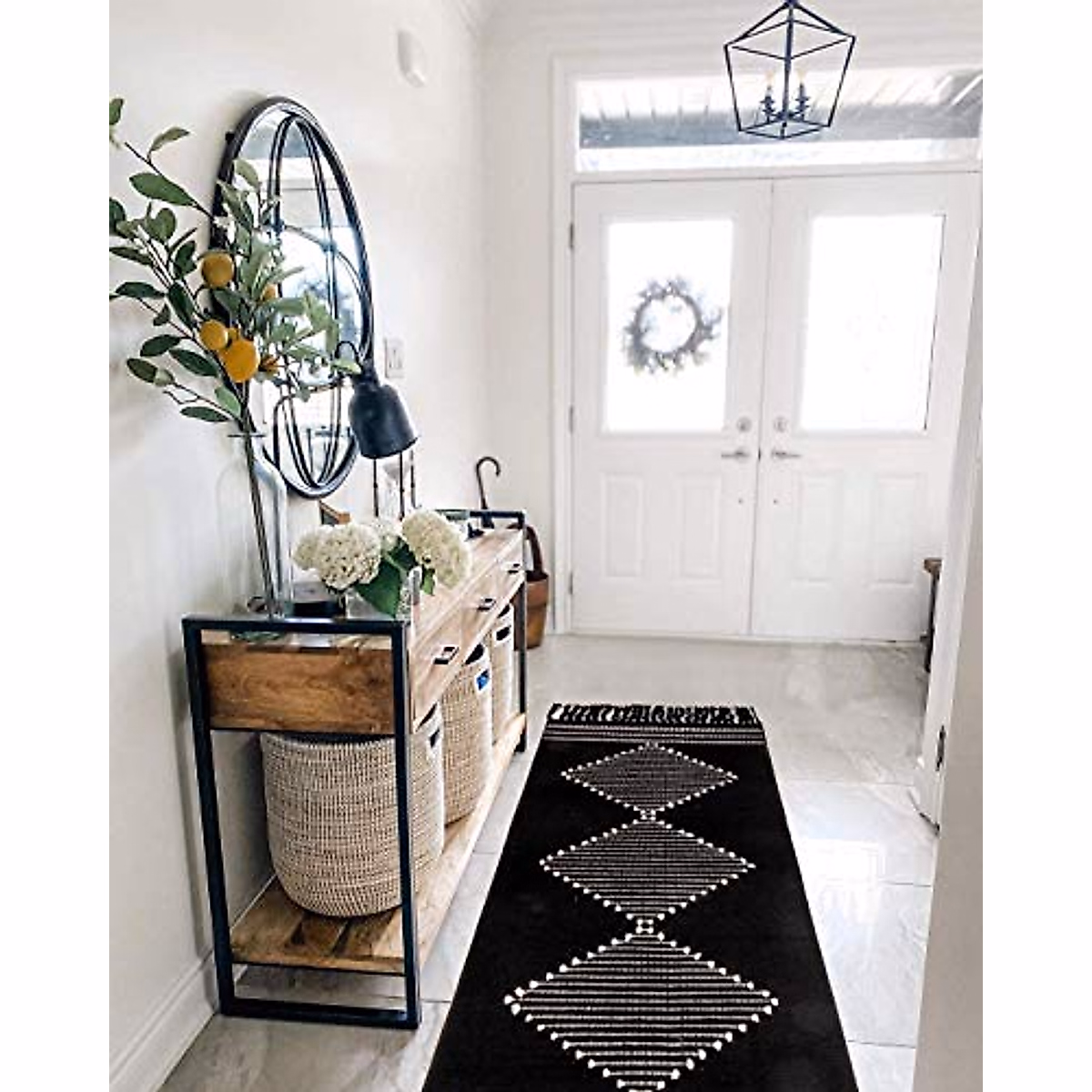 Boho Kitchen Rugs,2'x4.3' Washable Black Bathroom Rug Runner, Cotton Woven Tassels Diamond Soft Indoor Mat Hallways Carpet for Laundry Entryway