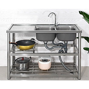 TBVECHI Commercial 304 Stainless Steel Sink 2 Compartment Free Standing Prep & Utility Sink, Large 2 Bowls Sink for Garage, Restaurant, Kitchen, Laundry Room, Outdoor (2 Compartment Sink)