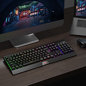 havit Wireless Gaming Keyboard, Rechargeable Rainbow Backlit Keyboard Led 2.4G Wireless Slim USB Keyboards Ergonomic 104 Keys for Windows PC Gamers Desktop Computer Black