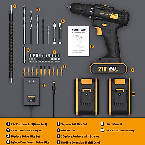 INSPIRITECH 21V Cordless Drill with 2 Batteries and Charger,3/8-Inch Keyless Chuck Power Drill Set,2 Variable Speed Electric Drill Driver, 19 Torque Setting with Drill/Driver Bits