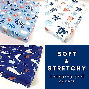 GROW WILD Changing Pad Cover 3 Pack | Soft & Stretchy Jersey Cotton | Baby Changing Table Pad Cover | Diaper Changing Pad Covers for Girls or Boys | Wipeable Sheets | White Blue Turtle Whale Ocean