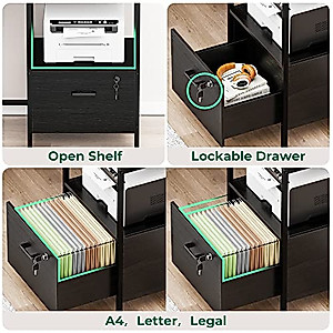 Huuger L Shaped Desk with Power Outlets & LED Lights, Reversible Computer Desk with Storage Shelves & File Cabinet, Corner Desk Home Office Desk, Black