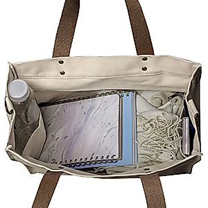 Tag&Crew Brooklyn Tote Canvas Bag with Leather Handles, Zippered Flap, 3 Pockets, Adjustable Shoulder Strap, Antique Brass Clips - Natural