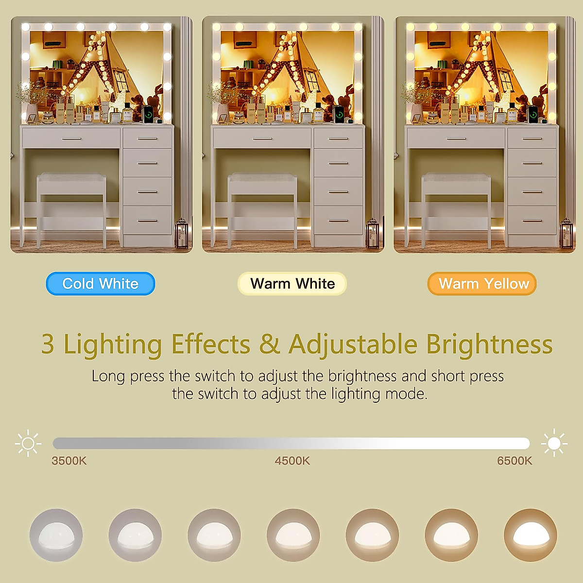 usikey Makeup Vanity with 12 Lights, Vanity Desk with Power Outlet, Makeup Vanity Table with 5 Drawers, Large Mirror, Dressing Vanity Table with Stool for Bedroom, Bathroom, White