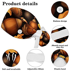 Thanksgiving Acorn Working Cap with Button Sweatband Adjustable Tie Back Bouffant Hats with Scrunchie