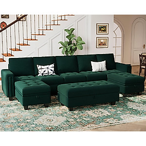 Belffin Modular Sectional Sofa Set Velvet U Shaped Sofa Set with Reversible Wide Chaise Convertible Corner Sectional Sofa Couch Set with Storage Ottoman Green