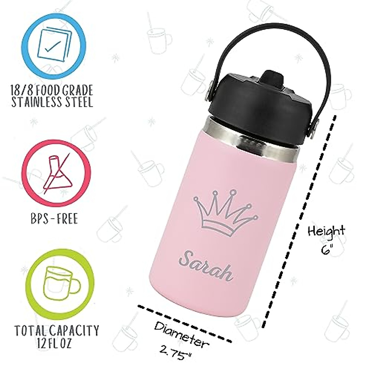 Personalized Water Bottle For Kids - Small 12oz BPA Free Custom Insulated Stainless Steel Bottle for School w/Name for Girl or Boy - w/Reusable Straw (Pink)