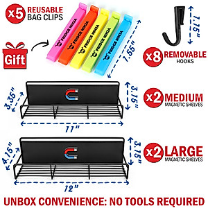 4 Magnetic Spice Racks for Refrigerator - Extra Strong Magnetic Hold and Enhanced Storage Capacity with 2 Medium & 2 Large Shelves - Space Saving Magnetic Shelf for Fridge, Include 5 Bag Clip & 8 Hook