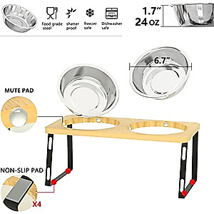 UQNAL Elevated Dog Bowls Stand Bamboo Raised Dog Bowl with 15° Stand Tilted for Medium and Small Dog Water Bowl with 4 Stainless Steel Bowl and Anti Slip feet