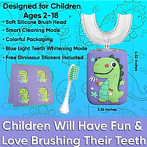 BubblezKidz – Kids Electric Toothbrush – U Shaped Dinosaur Cartoon – Ultra Sonic 6 brush Cleaning Modes w/ Smart Timer – Ages 2-18 Years Old – IPX7 Waterproof, Rechargeable, With Stickers (Dinosaur)