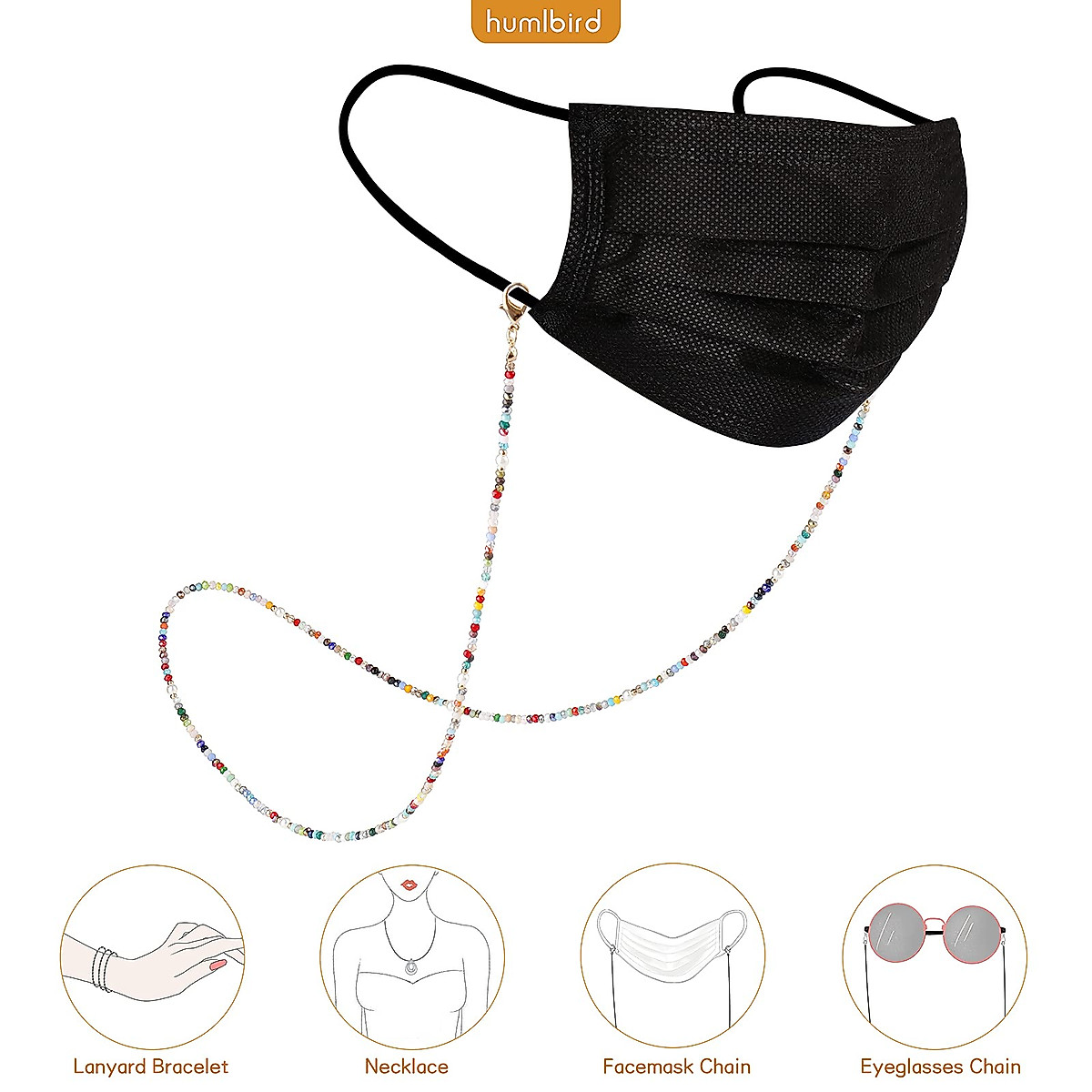 humlbird Mask Lanyard Eyeglasses Chain Healing Crystal Beaded Sunglasses Chains with Pearl for Women, Colorful