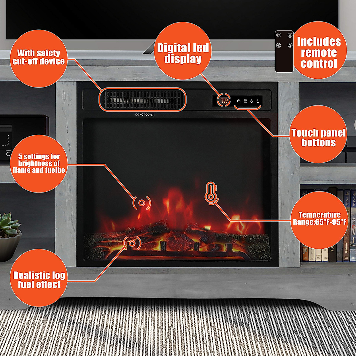 ENSTVER 58" TV Stand with Electric Fireplace,Fireplace Console,Storage Shelves Entertainment Center for Living Room,Gray