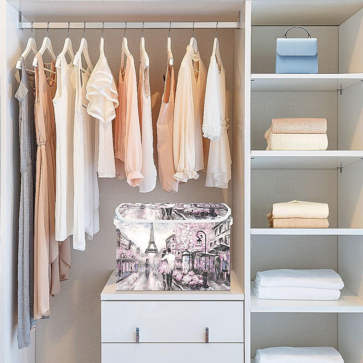 MFTJYO Storage Bin with Lid Romantic Couple Paris Street Scene Foldable Storage Box Washable Fabric Storage Cubes Bin Organizer Basket Closet for Home Bedroom Closet Nursery Office