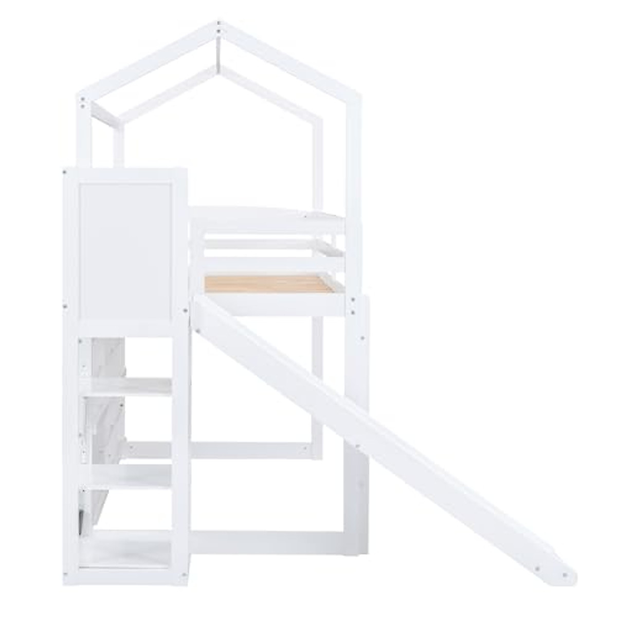 BOVZA Twin House Loft Bed with Slide, Storage Shelves and LED Light, Wood Twin Low Loft Bed Frame with Roof and Ladder, Playhouse Loft Bed for Kids Boys Girls Teens, White