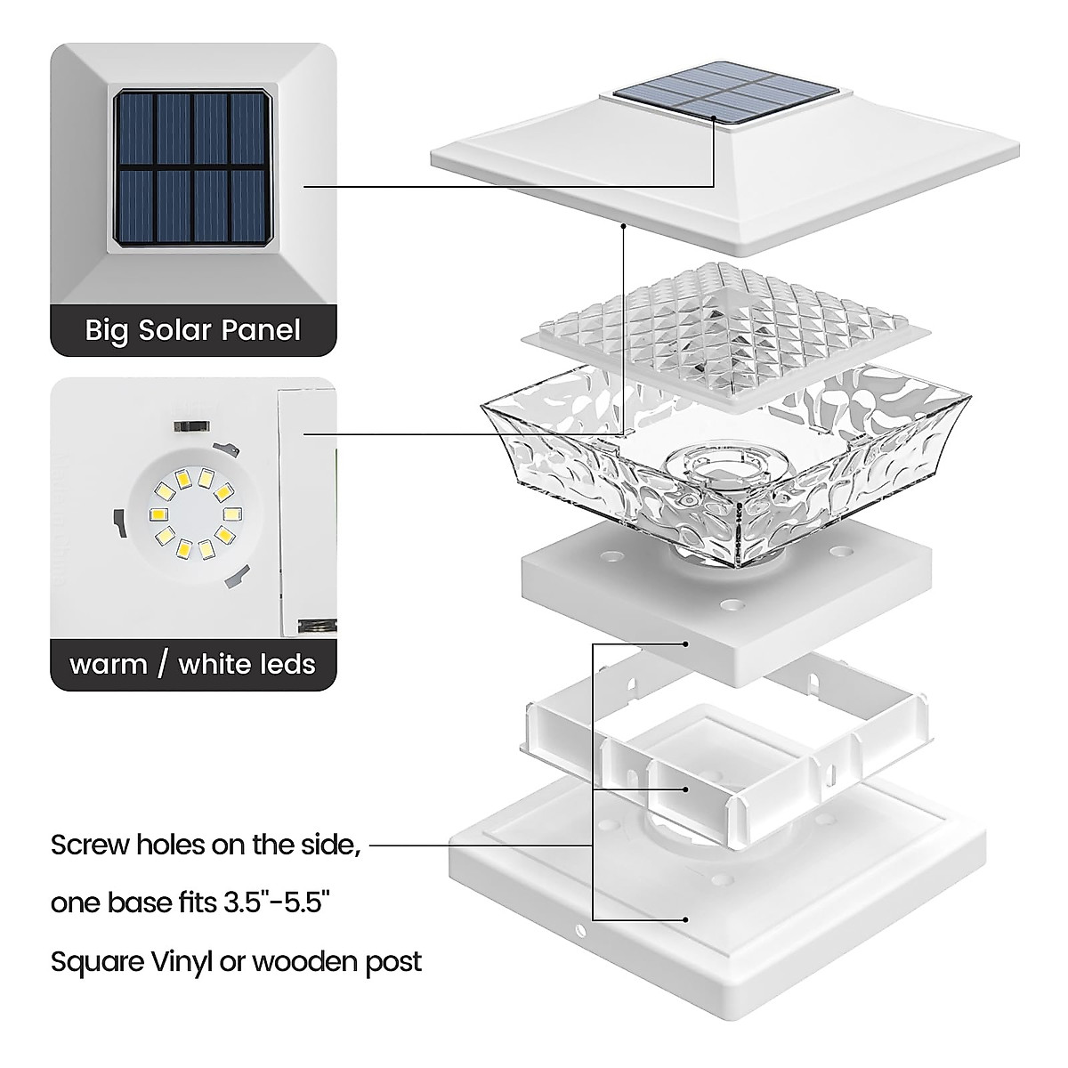 APONUO 5x5 Solar Post Cap Lights White for Vinyl Fence,White Solar Post Cap Lights 2 Color Mode Outdoor Waterproof for Fence Post Caps 4x4,6x6 Wood&4x4 5x5 Vinyl Deck Post Caps,White,6 Pack