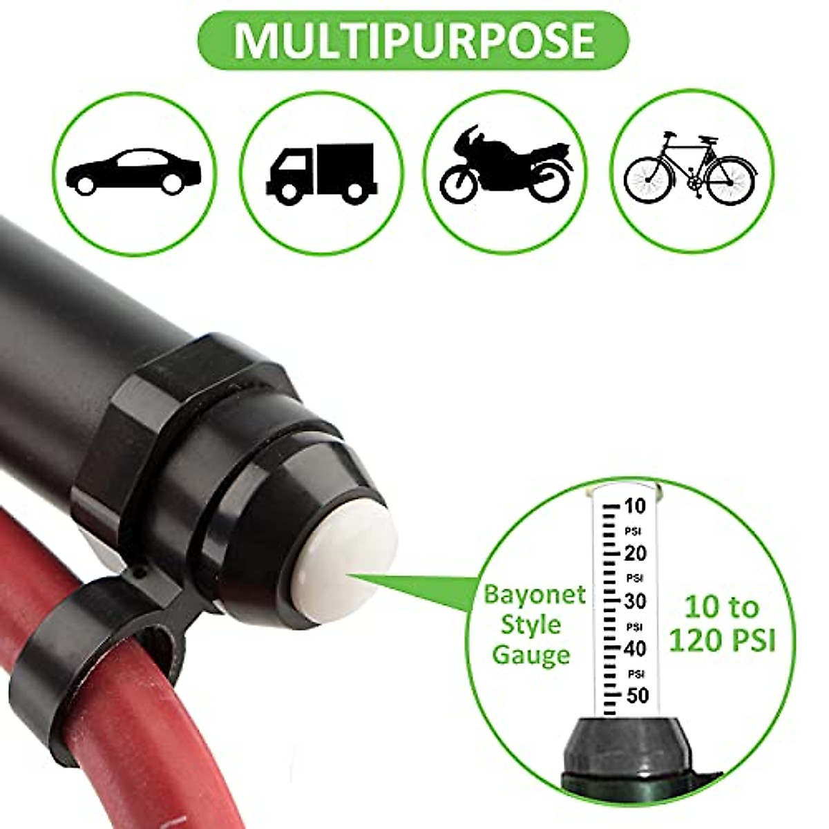 Spurtar 10-120 PSI Heavy Duty Tire Inflator Gauge Air Chuck with Pressure Gauge with 4 Way Tool and Valve Cores Tire Pressure Gauge with Inflator 12" Air Hose for Car Automotive Truck